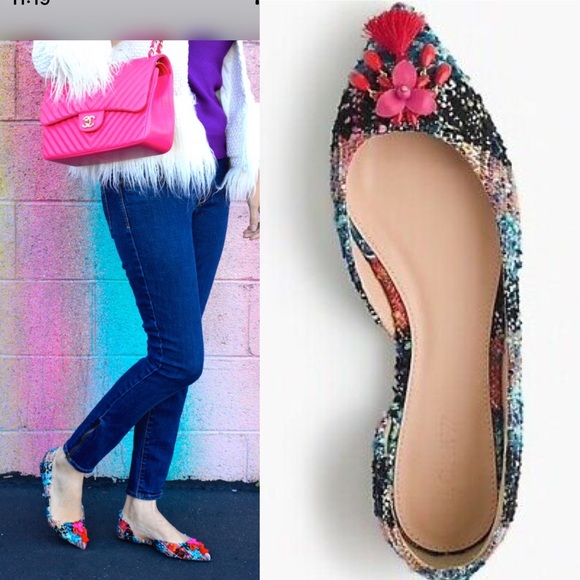 J. Crew | Shoes | J Crew Audrey Pointed Toe Embellishedtweed Flats ...